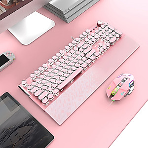 Basaltech Typewriter Keyboard and Mouse Combo, Pink Gaming Keyboard with White LED Backlight, Round Keys Blue Switch Mechanical Keyboard with Magnetic Removable Wrist Rest for Game and Office
