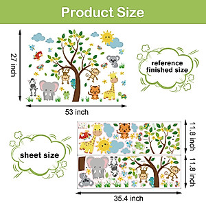 Supzone Jungle Animal Wall Stickers Monkey Tree Wall Decals Elephant Giraffe Tiger Wall Sticker for Kids Girls Boy Baby Nursery Playroom Bedroom Living Room Kindergarten Wall Decor