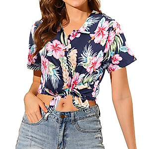MYHALF Women Hawaiian Shirt Soft Cool Summer Hawaii Shirts Floral Tropic Print V Neck T-Shirt Short Sleeve Button Up Tops