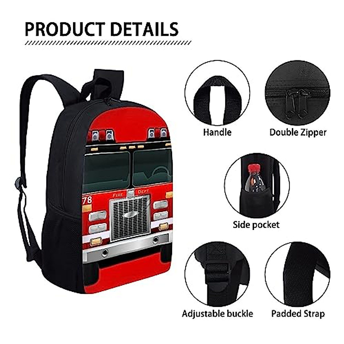 AFPANQZ Fire Truck Design Backpack for Elementary School Kids Cute Rucksack Lightweight School Bags Bookbags Backpacking Soft Daypack Daily Pack