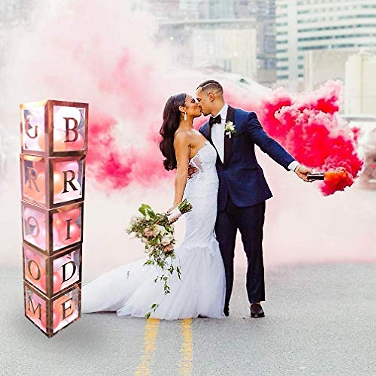 96 PC Bridal Shower Decorations Balloon Boxes Rose Gold - Transparent Block with BRIDE TO BE + GROOM + A - Z Letters and 40 Balloons- Engagement Bachelorette Parties Weddings Centerpieces Photo Booth