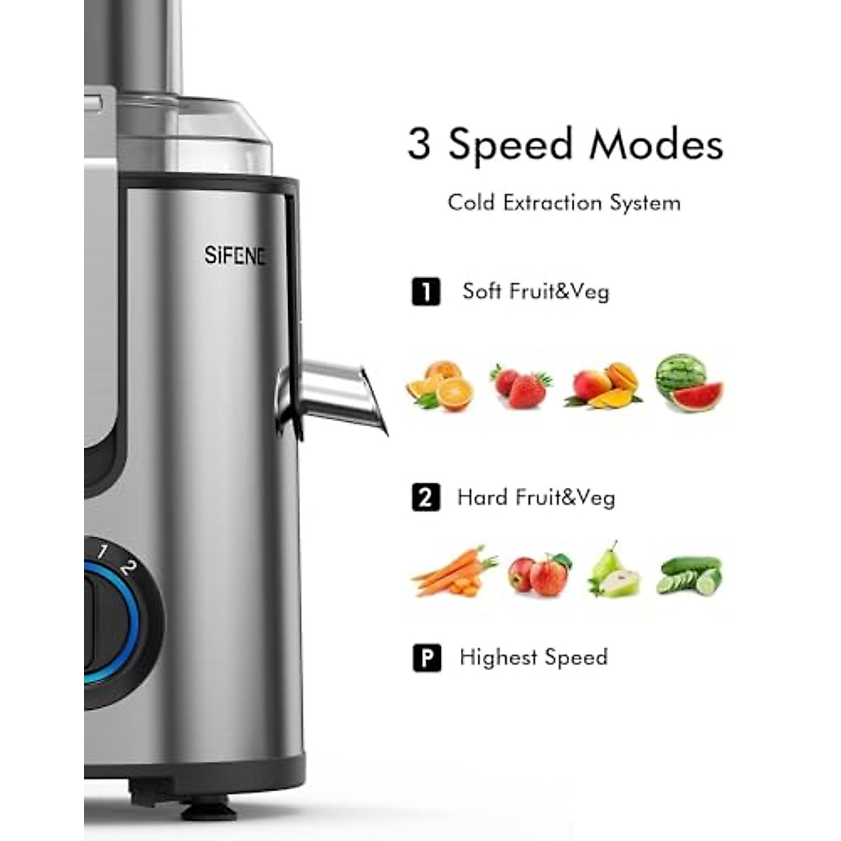 SiFENE Juicer Extractor, 3.2" Wide Mouth, Robust 800W Juicer Machine for Fresh Fruits and Vegetables, BPA-Free Stainless Steel, Quick Cleanup