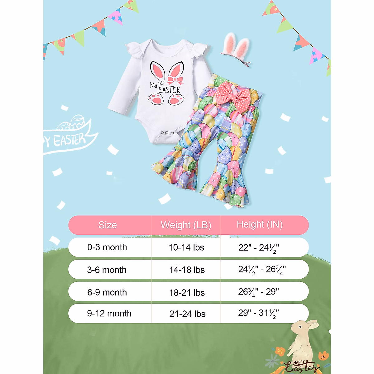 KANGKANG Easter Outfit Baby Girl 12 month Girl Clothes Rabbit Print Romper Flared Pants Pair of Hair Clips