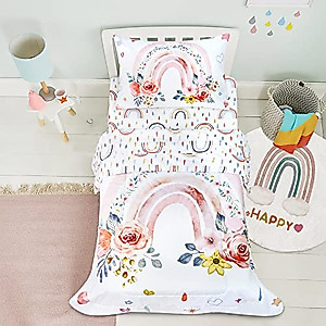 4 Pieces Toddler Bedding Set for Girls, Rainbow Toddler Comforter Set, Include Quilted Comforter, Flat Sheet, Fitted Sheet, Pillowcase, Ultra Soft and Breathable, Boho Floral, Pink