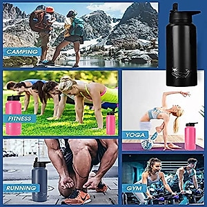 Stainless Steel Water Bottle 40 oz, 2 type Lid, Straw Lid, Wide Mouth, Leak Proof, Vacuum Insulated Stainless Steel, Double Walled, Carrying Pouch, Hot Cold Water, Powder Coating (Black)