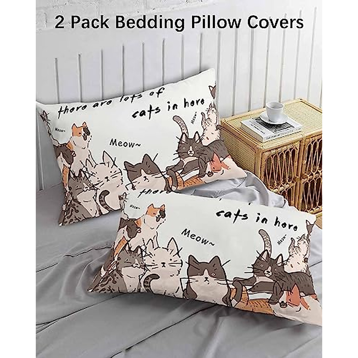Edwiinsa Funny Cute Cat Pillow Covers King Standard Set of 2 20x36 Bed Pillow, Farmhouse Animals White Plush Soft Comfort for Hair/Skin Cooling Pillowcases with Envelop Closure