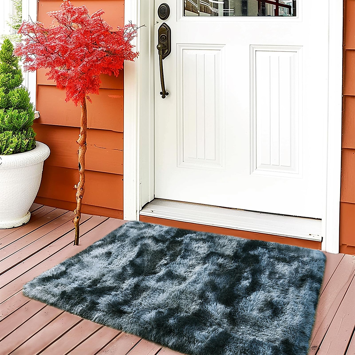 Isdook Anti-Skid Rectangular Fuzzy Rug Fluffy Rug for Living Room Non-Slip Shag Fuzzy Rug for Nursery Tie-Dyed Blue Grey Rectangle 2x3 Feet