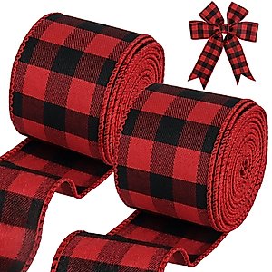 Tenn Well Buffalo Plaid Ribbon, 19.6 Yards 2.5 inch Wired Christmas Ribbon, Red and Black Plaid Ribbon for Bow Making, Gift Wrapping, Wreath Making, Christmas Tree Decoration (2 Roll x 9.8 Yards)