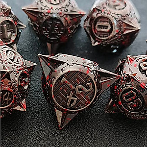 Metal DND Dice Set, Round Tip Dice 7 Polyhedral Dice, Mtg Pathfinder D20 Set for Rpg Roleplaying Dice Game D20 Free Leather Storage Bag Bloodstains
