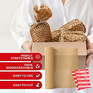 XFasten Honeycomb Packing Paper 12" x 66' Reusable Cushion Kraft Packing Paper for Moving, Alternative Bubble Packing Wrap for Breakable Dishes Packing Supplies for Moving with 20 Fragile Stickers