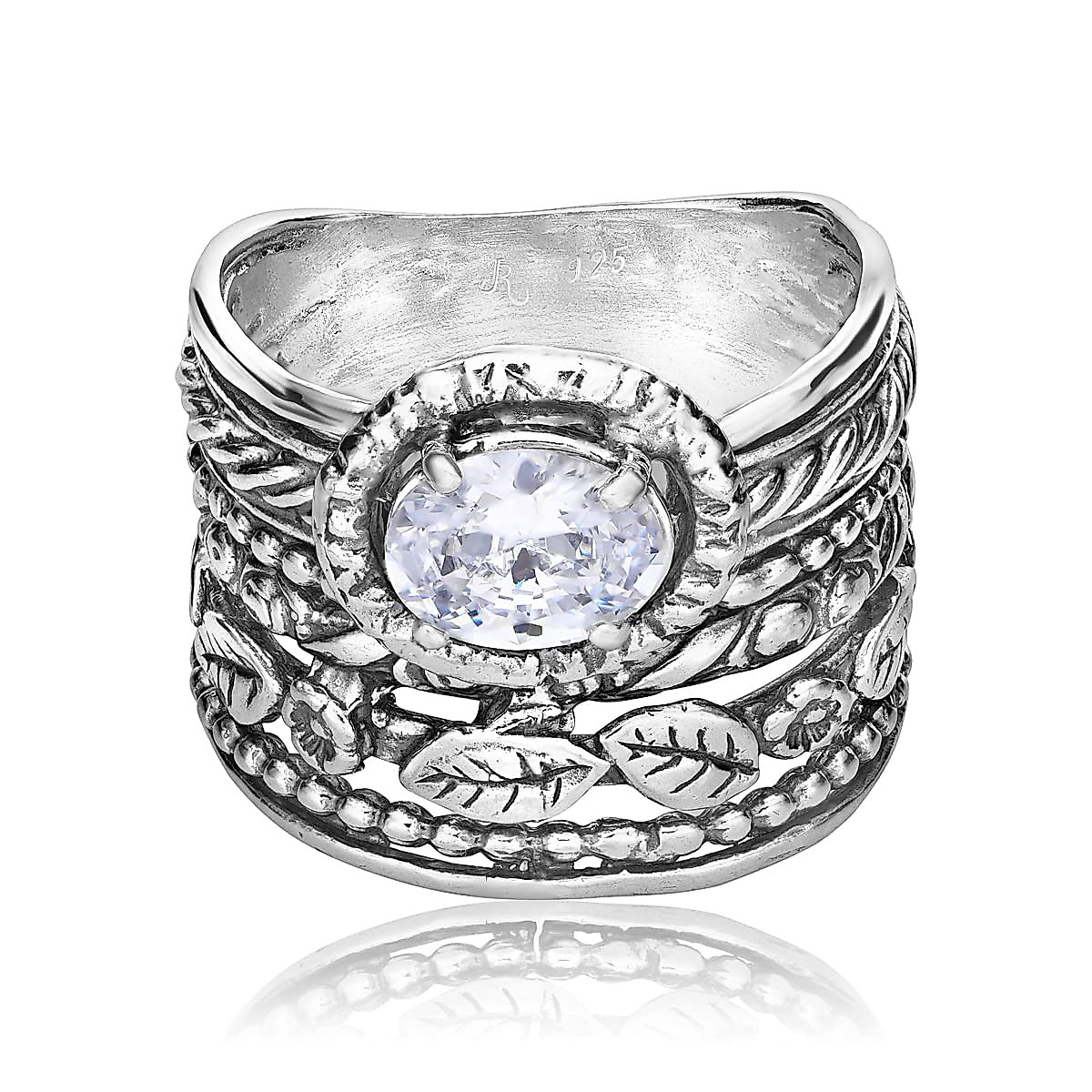 925 Sterling Silver Ring with White Cubic Zirconia Oval Shape Prong, Multiple Bands Rich Stack Look, Hypoallergenic, Nickel and Lead-free, Artisan Handcrafted Designer collection, Made In Israel