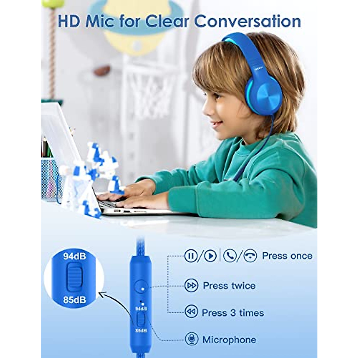 Kids Headphones with MIC, Over-ear, 85/94dB Safe Volume Limit, Sharing Function, HD Sound, Headphones for School, Toddler, Headset for On-line Study, Travel