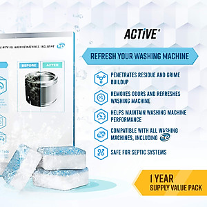 ACTIVE Washing Machine And Dishwasher Cleaning Tablets Bundle - Includes 12 Month Supply Dishwasher Cleaner Deodorizer & Washing Machine Descaler Deep Cleaning Tablets - 48 Tablet Combo