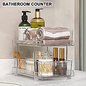 2 Set 2 Tier Clear Organizers and Storage with Dividers, Pull Out Under Sink Organizer, Multi-Purpose Drawer Basket, Kitchen Bathroom Countertop Vanity Pantry, Medicine Cabinet Storage Bins