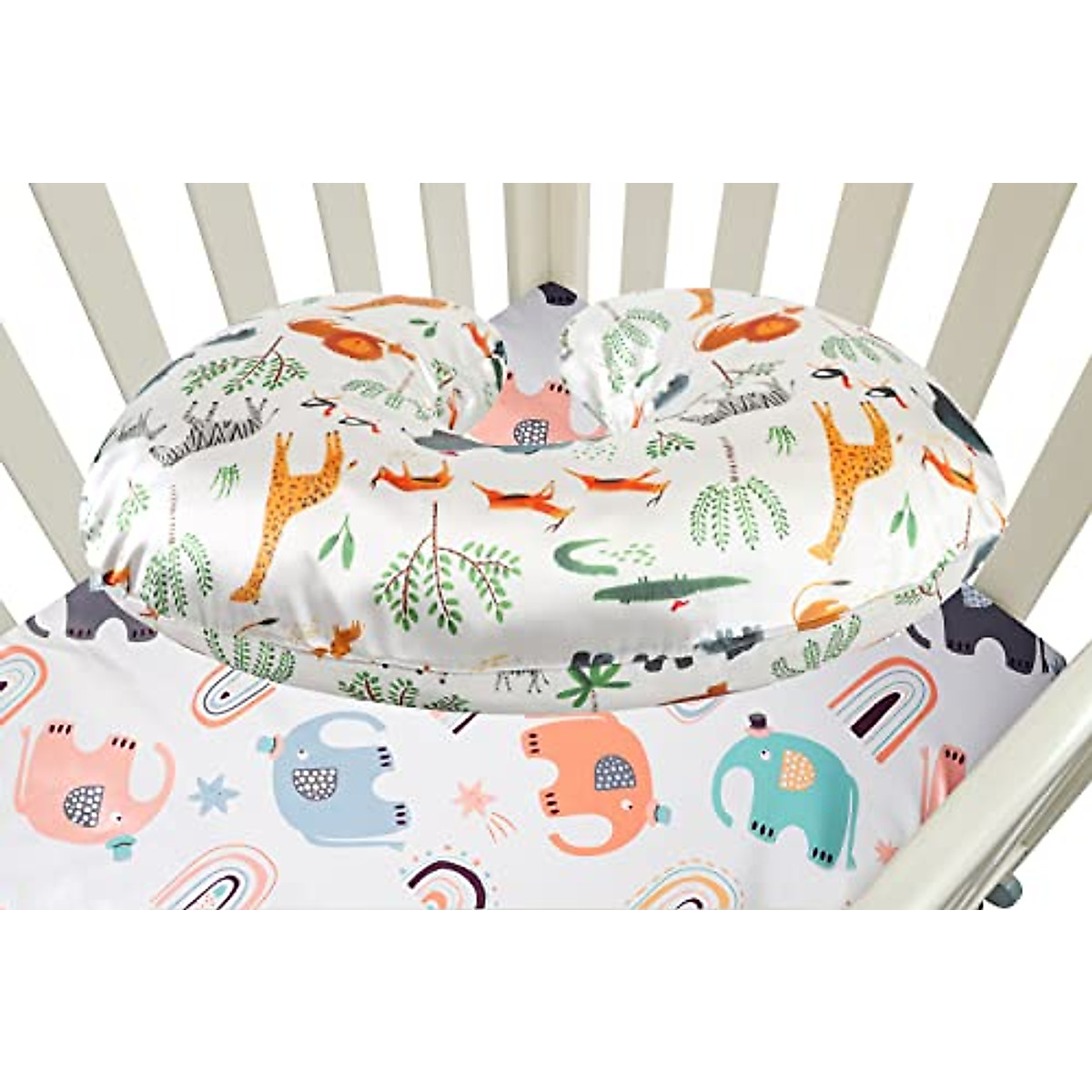 Satin Nursing Pillow Cover Set 2 Pack Ultra Soft Silk Compatible with Boppy Pillow Protect for Baby Hair and Skin Elephant & Rhino Lion