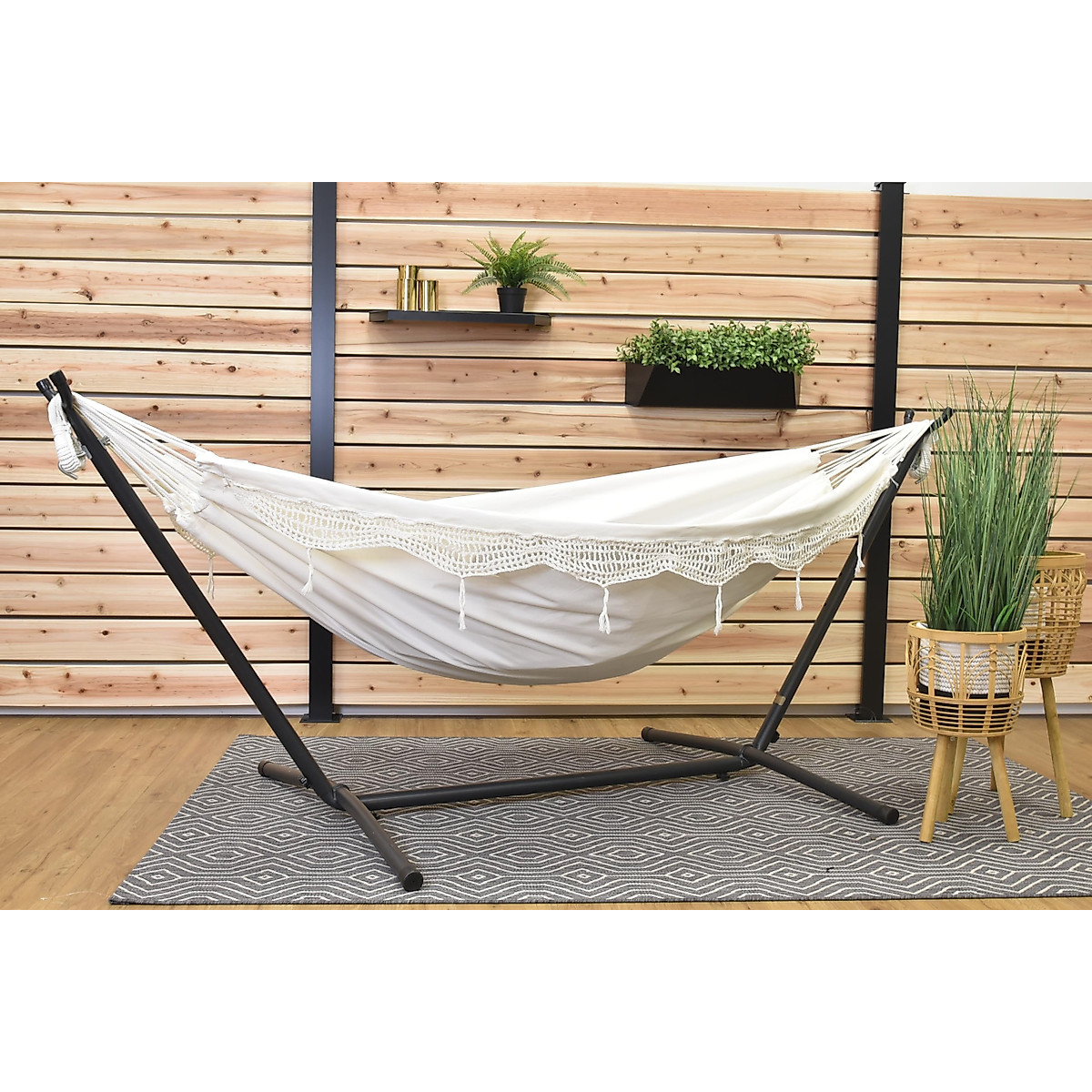 Vivere Double Cotton Hammock with Space Saving Steel Stand, Upgraded Polyester End Strings 450 lb Capacity - Premium Carry Bag Included - USA Grown Cotton (Natural)