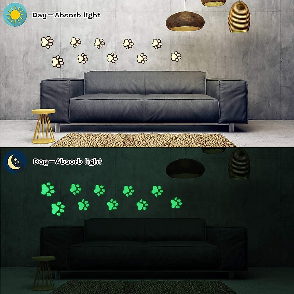 Marsway Cute Paw Decal Night Glow in The Dark Creative Luminous Decorative Stickers Kids Room Wall Decor (Paw Print + Bone)