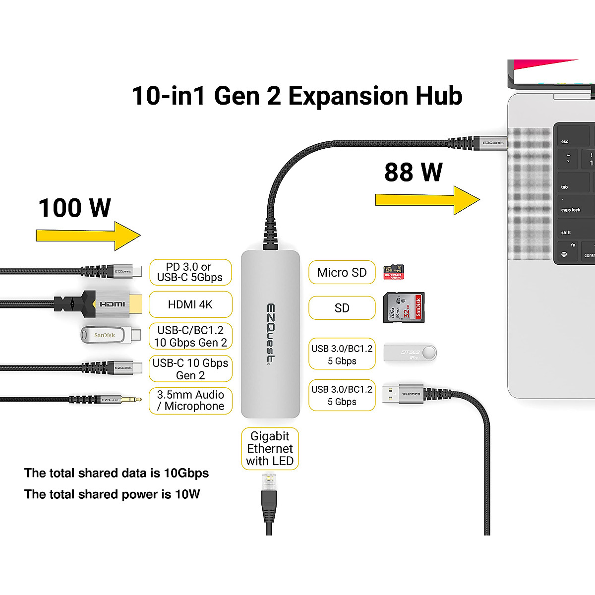 EZQuest USB C Hub Docking Station 10 in 1 with 4K HDMI 60Hz, 1 Gbs Ethernet, 2 USB C Gen 2 10Gbs Ports, 1 USB C PD 3.0 Port, 2 USB A 3.0 Ports, Audio Port, SD/Micro SD, Compatible with USB-C Computers