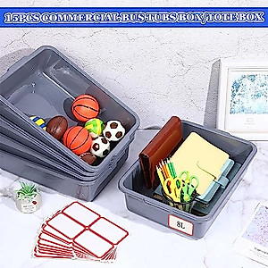 Sherr 15 Pieces 8L Food Service Bus Tubs with 20 Labels Heavy Duty Plastic Bus Box Utility Tub Commercial Wash Basin Tote Box for Home, Kitchen, Restaurant Daily Use, Toys, Hotel (Gray)