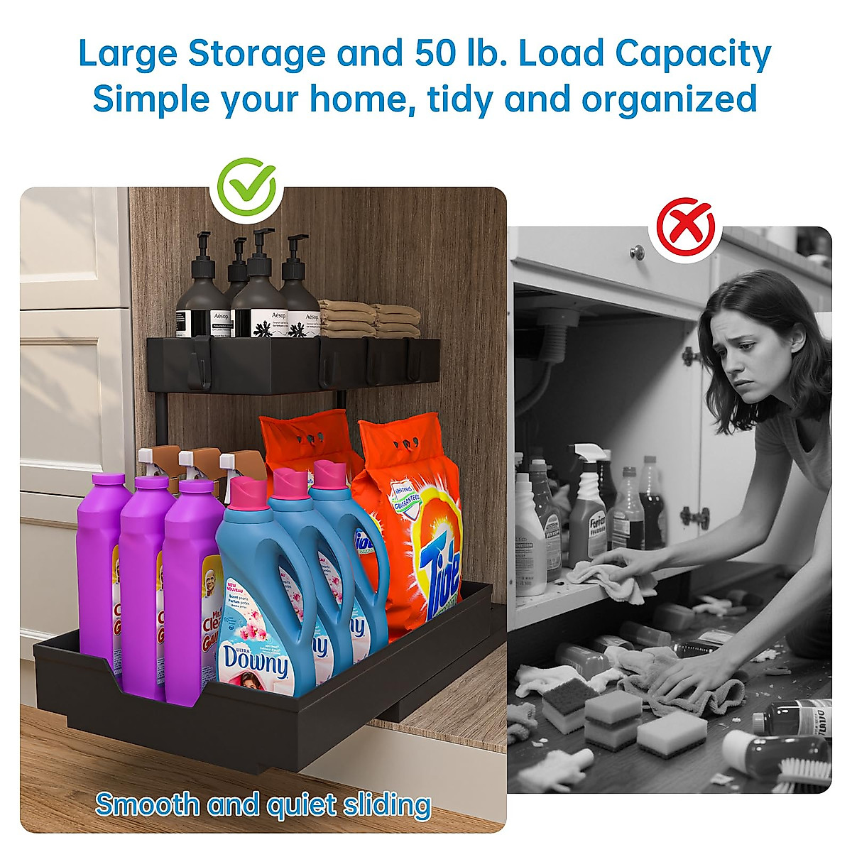 NATURE'S SOURCE 2-Tier Under Sink Organizer, 2 Pack Sliding L-shape Under Bathroom Cabinet Storage Drawer Organizer Multi-purpose Under Sink Shelf Organizer Storage for Bathroom Kitchen(Black 2 Pack)