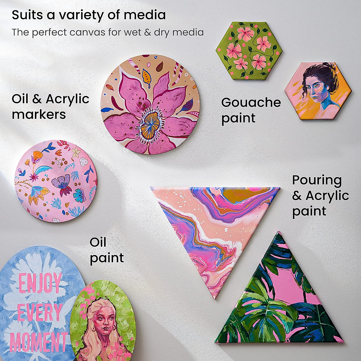 ARTEZA Stretched Canvas, Multipack of 20, Round, Oval, Triangle, and Hexagonal Canvas, Blank White Canvas Boards for Acrylic, Oil and Gouache Painting