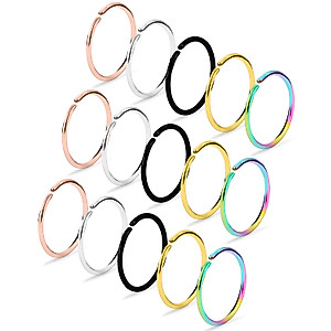 Dyknasz 15Pcs 22G Nose Rings Hoop 316L Stainless Steel Fake Nose Ring Tragus Cartilage Helix Piercing Earring Hoops Septum Lip Ring 6MM for Women Men Mix Color