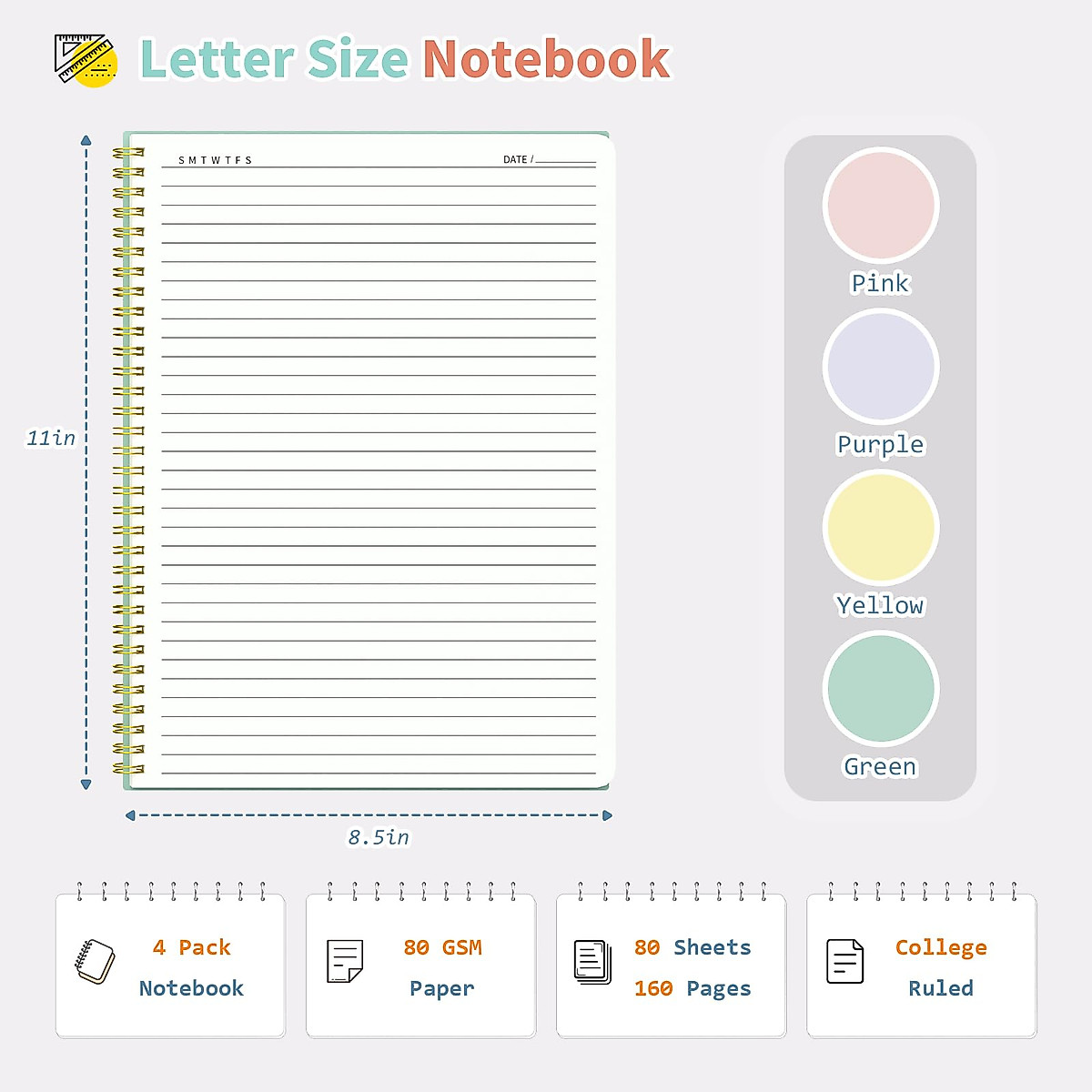 Umriox 4 Pack Lined Spiral Journal Notebook, 160 Pages 8.5" x 11" College Ruled Spiral Notebook with Sticky Tabs, Large Notebook for Work, Travel Journal, School