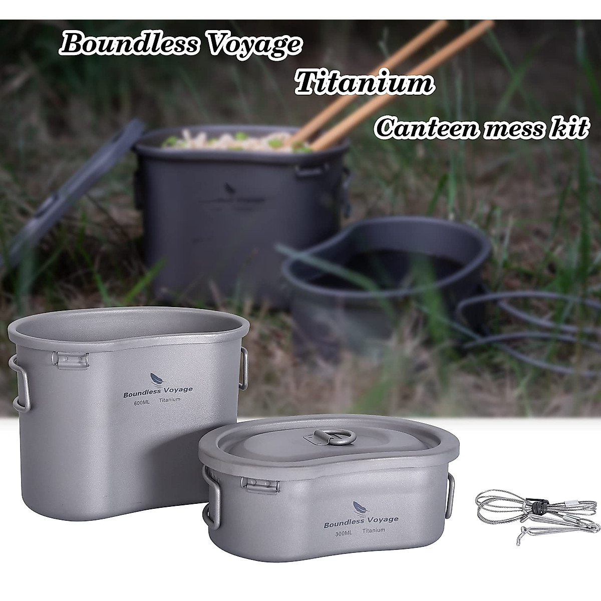 usharedo Boundless Voyage Titanium Camping Pots Set with Hanging Ring Ultralight Portable Bowl Picnic Cookware Titanium Canteen Mess kit for Outdoor Hiking Backpacking Mountaineering Ti15123B