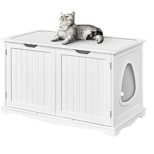 Yaheetech Cat Litter Box Enclosure, Cat Litter Box Furniture Hidden, Wooden Pet Crate Cat Washroom Storage Bench with Divider Home Litter Loo Indoor Cat House White
