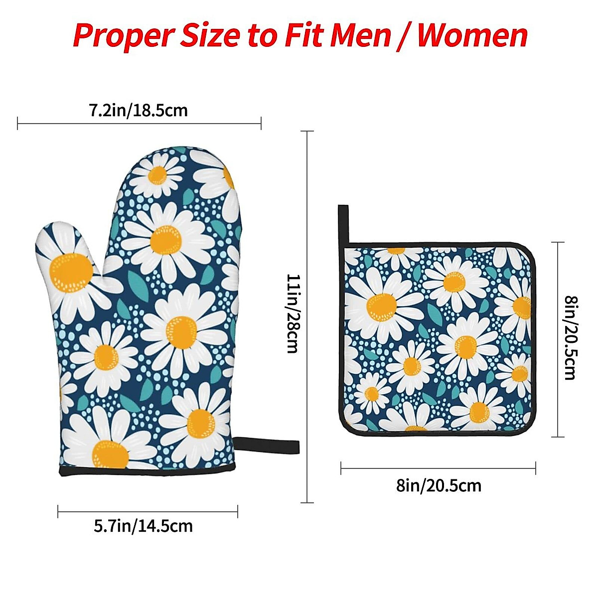 Oven Mitts and Pot Holders Sets of 4 High Heat Resistant Daisy Flowers Oven Mitts with Oven Gloves and Hot Pads Potholders for Kitchen Baking Cooking BBQ Non-Slip Cooking Mitts