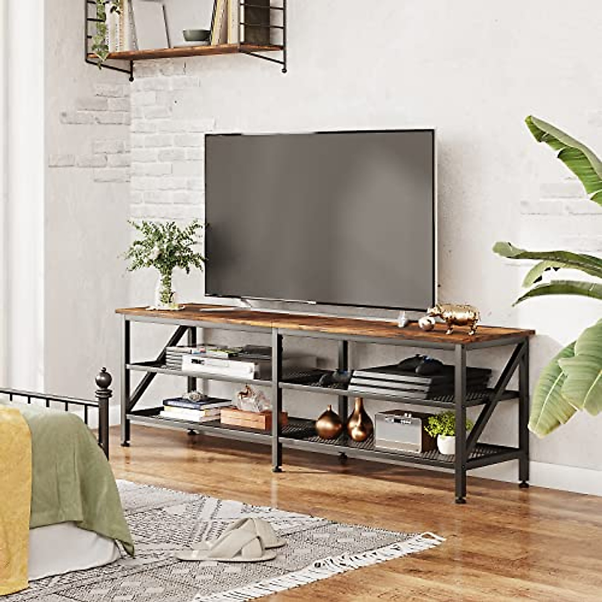 Mexin TV Stand for 65 75 Inch TV, 63 Inch TV Stands for Living Room and Bedroom, Industrial Television Stands, Entertainment Center with Storage, Modern TV Console, Rustic Brown