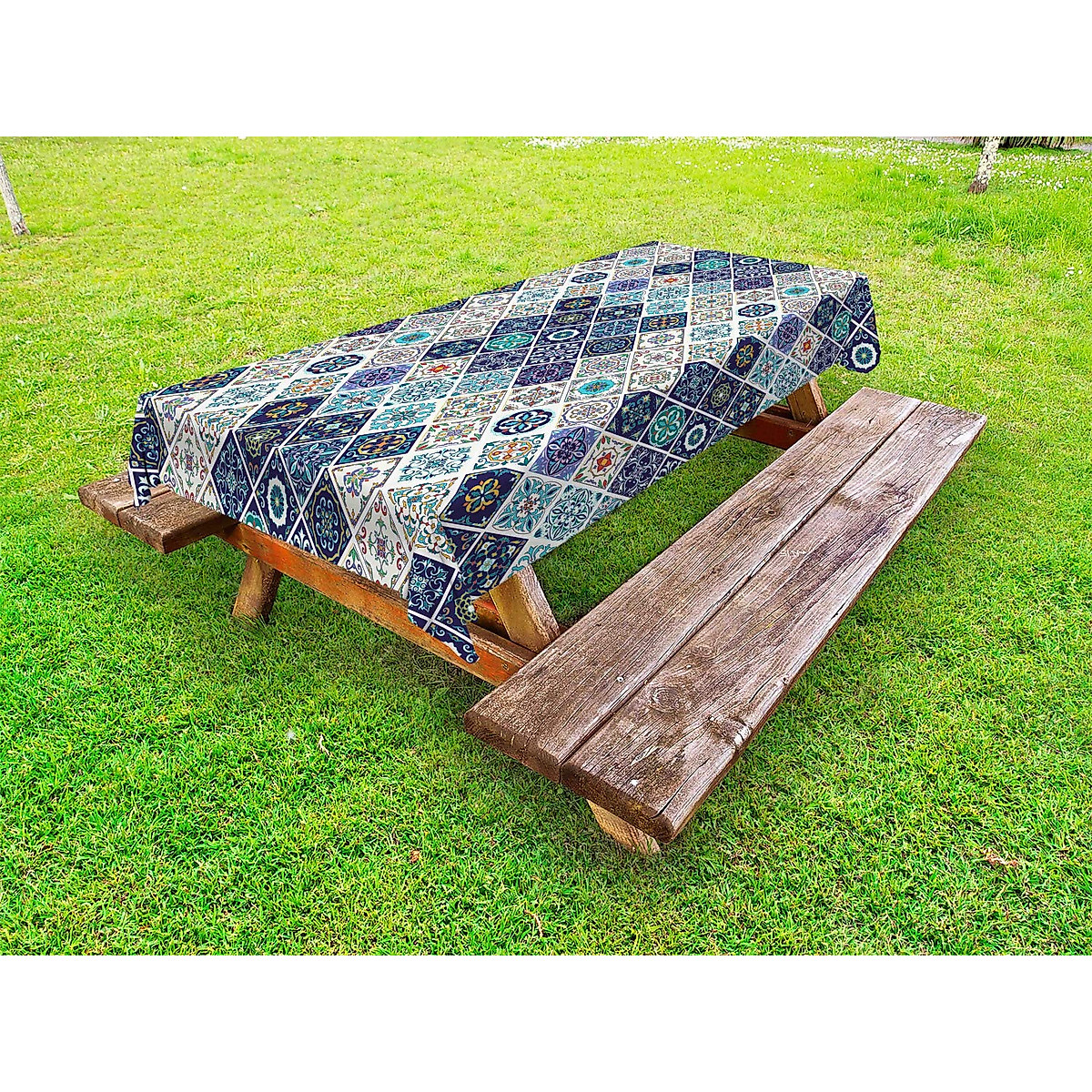 Ambesonne Traditional Outdoor Tablecloth, Portuguese Historical Mixed Azulejo Mosaic Tiles with Moroccan Ceramic Motifs, Decorative Washable Picnic Table Cloth, 58" X 84", Indigo White