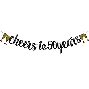 Cheers To 50 Years Banner,Pre-Strung, Black Paper Glitter Party Decorations For 50TH Wedding Anniversary 50 Years Old 50TH Birthday Party Supplies Letters Black ZHAOFEIHN