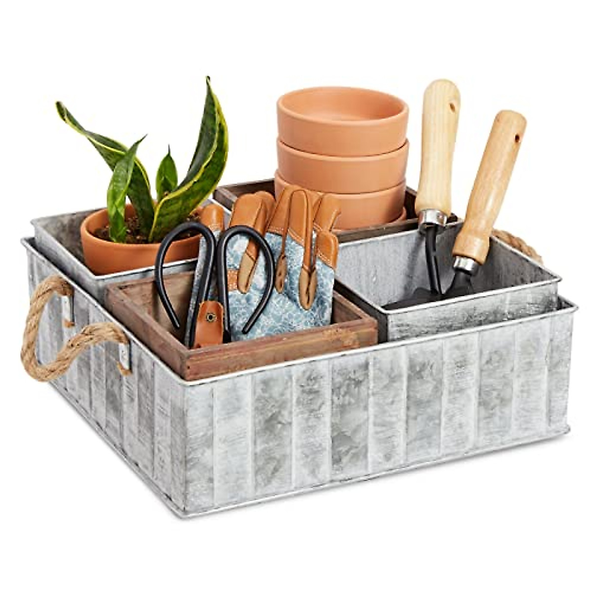 Farmlyn Creek 5 Piece Galvanized Metal Tray with Dividers and Removable Wooden Storage Boxes, Rustic Kitchen Decor (13 x 5 In)