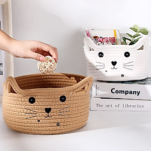 Zopeal Cat Basket Storage Woven Basket Organizer with Ears Decorative Pet Toy Cute Basket Cotton Rope Basket for Gift Cat Dog Toy Bin Nursery Room Kid (Khaki,8.3 x 4.7 Inch)