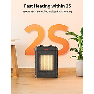 Space Heater, Small Space Heater for Indoor Use, 1500W/900W PTC Ceramic Space Heater with Thermostat, 3 Modes, Safety Quiet Heating, Multiple Protection, Portable Heater for Office Room Desk Use
