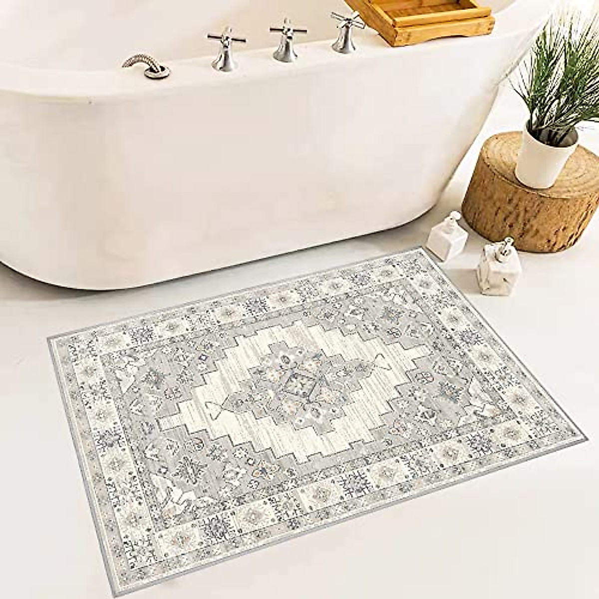 GEVES Grey Oriental Rug 2x3 Boho Entryway Rugs for Bedroom Kitchen Bathroom Decor Doormat Washable Indoor Use Non-Slip Rubber Backing