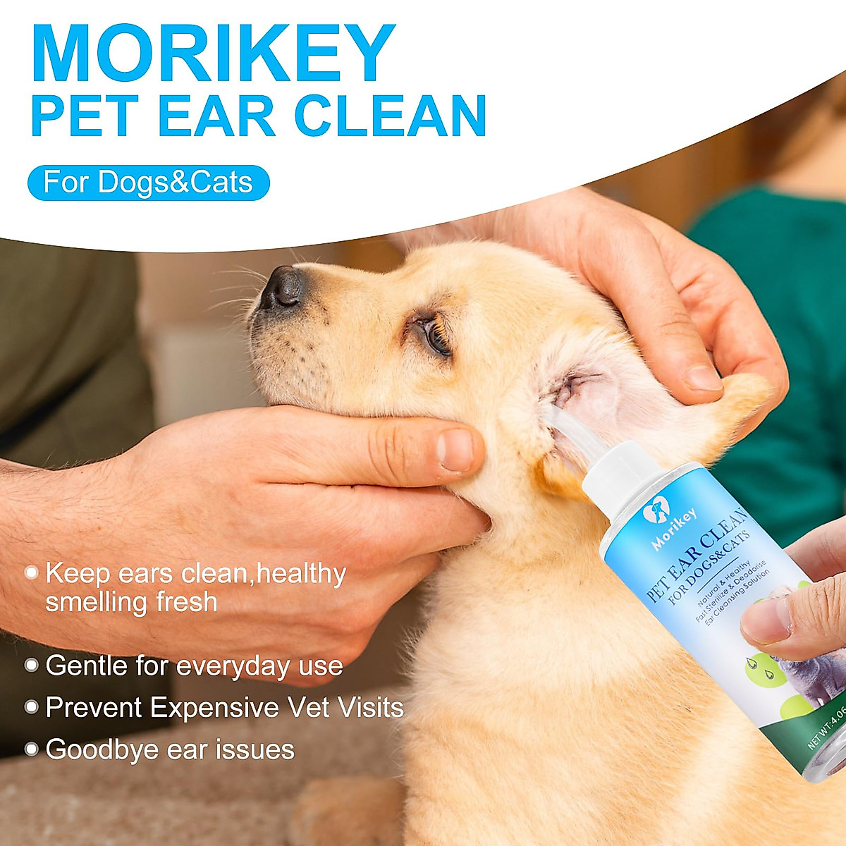 Morikey Pet Ear Cleaner Solution & Infection Treatment for Dogs & Cats, Natural Pet Cleanser Drops Helps Eliminate Odor Relieve Infections and Soothe Itchiness - 4.06oz/120ml