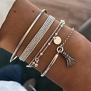 Jovono Boho Stackable Bracelet Silver Layered Sequins Bracelet Sets Baeded Bracelets for Women(4Pcs)