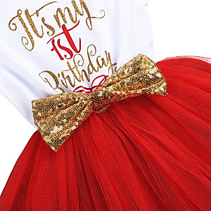Kids Girl Princess It's My 1st/2nd Birthday Party Cake Smash Boutique Outfit Sequin Bow Tie Tulle Tutu Dress Clothes Gold Headband+Red(1 Years)