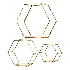 ＫＬＫＣＭＳ 3X Nordic Style Hexagon Honeycomb Floating Wall Shelf Display Iron Hanging Storage Rack Holder for Home/Office Bathroom Kitchen Room , Gloden