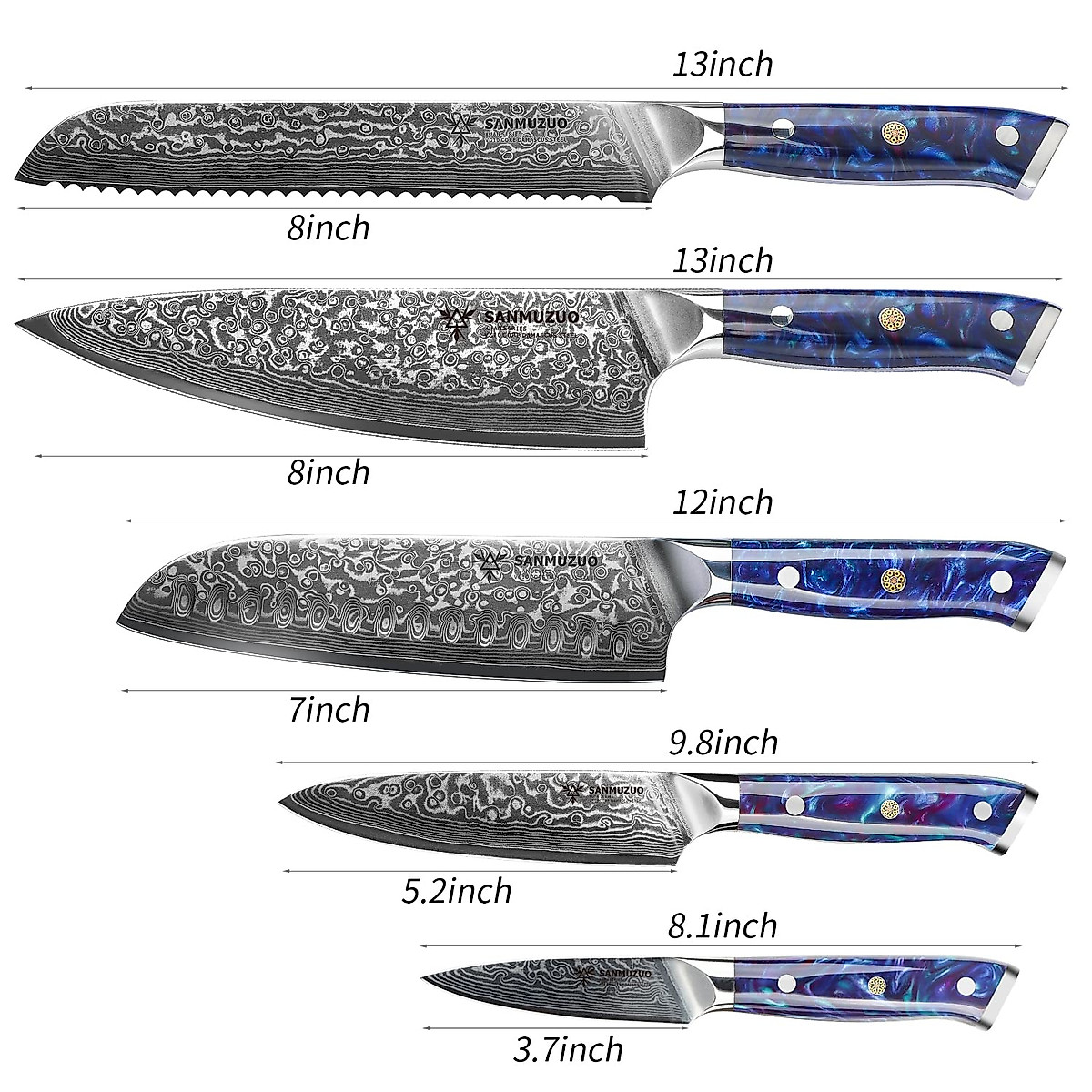 SANMUZUO Chef Cooking Knives Set- Kitchen Knife Set of 5 Piece - Ultra-Sharp VG10 Damascus Steel & Resin Handle - Xuan Series (Sapphire Blue)