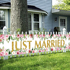 LOONELO Just Married Wedding Backdrop Wedding Banner with 118 X 19.7 inch, Floral Bridal Shower Backdrop Banner Sign for Bridal Shower Wedding Engagement Party Decorations Photography Background