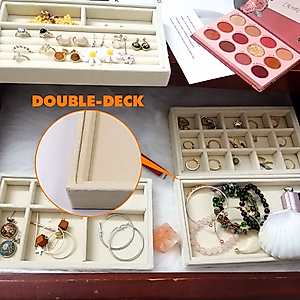 MINGRI Jewelry Organizer Trays,Earring Holder Tray Stackable Velvet Drawer Organizer Tray for Necklace,Ring,Bracelet Brooch Watch,Jewelry Storage Display Case Insert for Women Girls Set of 4 (Beige)