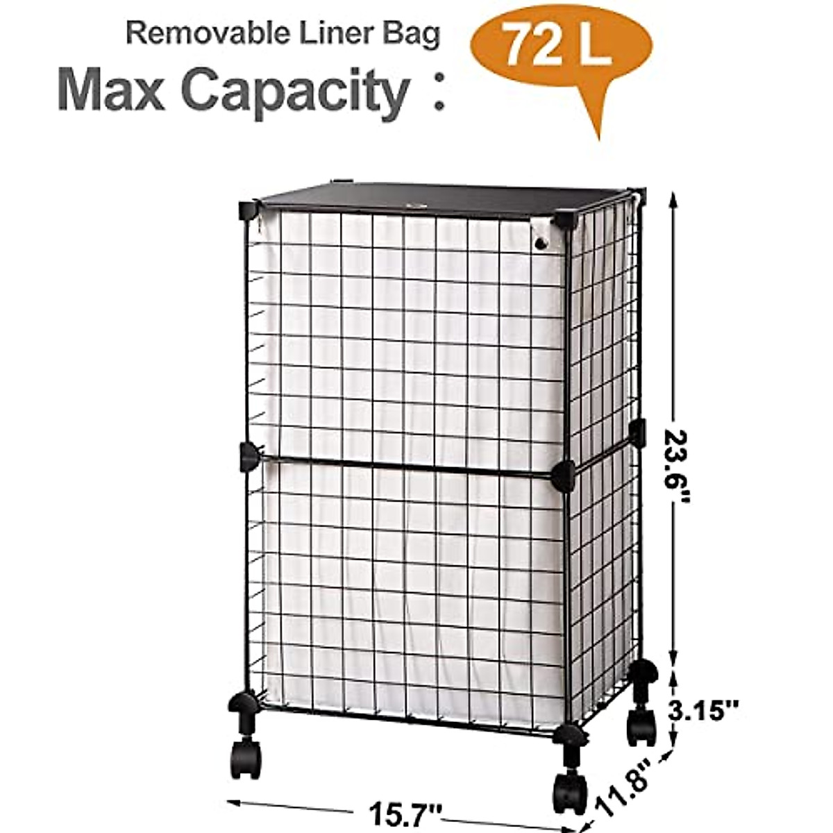 WOWLIVE Iron Wire Laundry Hamper with Lid, Foldable Laundry Basket with Wheels and Removable bags，Collapsible Dirty Clothes Hamper Organizer Dorm Room Storage for Bedroom, Bathroom (Black)