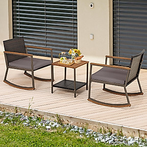 Tangkula 3 Pieces Rocking Bistro Set, Outdoor Rocker Chair with Coffee Table & Cushions, Patio Rattan Furniture Conversation Set for Balcony Porch Poolside (Gray)