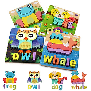 Toddler Puzzles, Wooden Toddler Puzzles Ages 1-3, Montessori Toys for 2-4 Year Old Boys Girls, 4 Pack Animal Shape Preschool Montessori Toys for Boys and Girls
