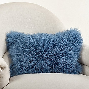 SARO LIFESTYLE 100% Wool Mongolian Lamb Fur Throw Pillow with Poly Filling, 12" x 20", Blue-Grey