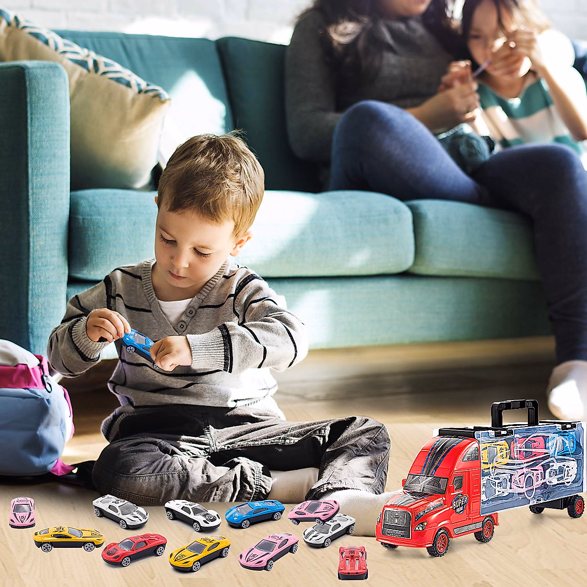 TAODUDU Toddler Toys Cars Kids Truck Transport Cars Boys Gift for Ages 3-8 Year Old,Transport Cars Carrier Set with 12 Die-cast Vehicles