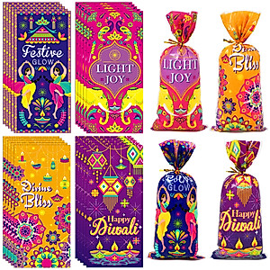 Konsait Happy Diwali Gift Bags, 100 Pack Cellophane Treat Bags with Ties Cookie Bags for Packaging Diwali Gift Bag 4 Designed Candy Bags for Indian Diwali Festival Party Favors